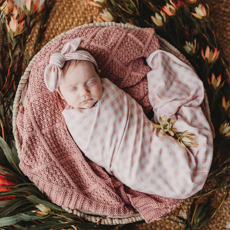 Peachy Pink Gingham Stretch Wrap & Top Knot Set – Snuggly Jacks